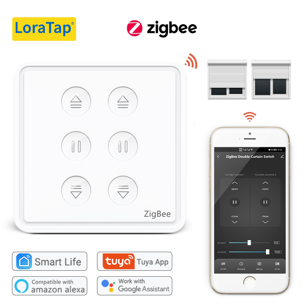 LoraTap Tuya ZigBee 3.0 EU Double Curtain Switch for Tubular Motor Google Home Alexa Voice ...
